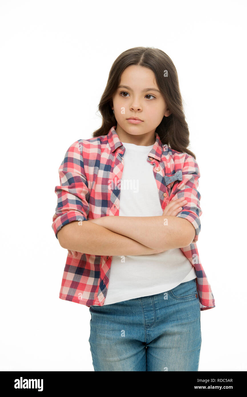 Offended feelings. Child offended keep silence. Girl serious face ...