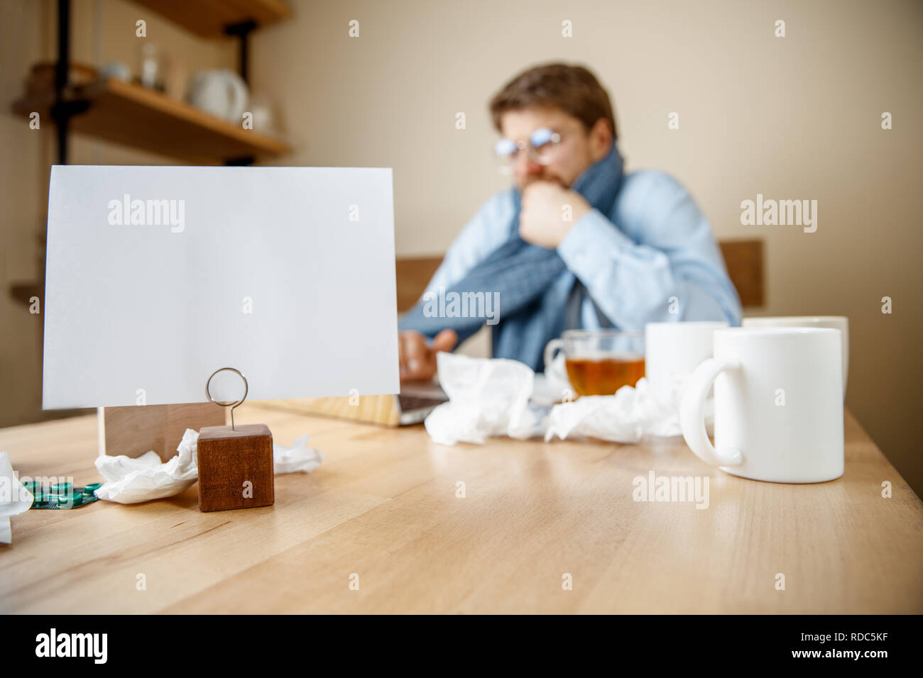 Sick man with pills working in office, businessman caught cold ...