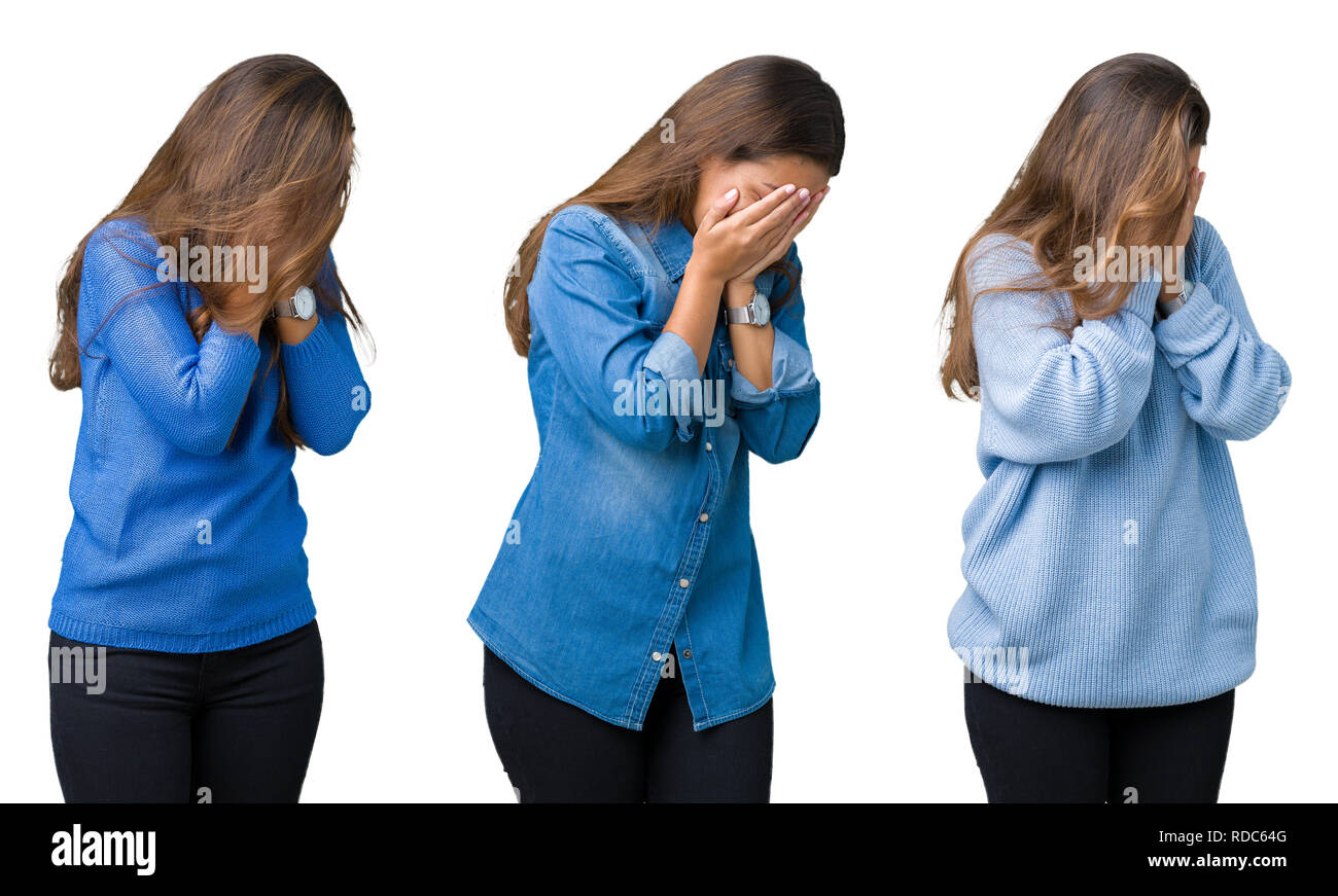 Collage of beautiful young woman over isolated background with sad ...