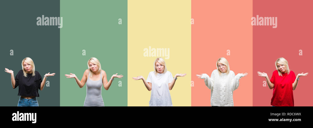 Collage of beautiful blonde woman over vintage isolated background ...