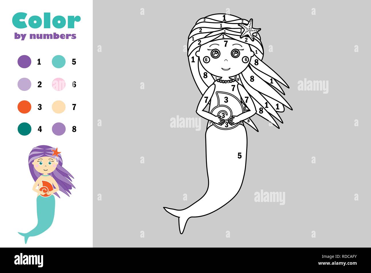 Mermaid in cartoon style, color by number, education paper game for the ...