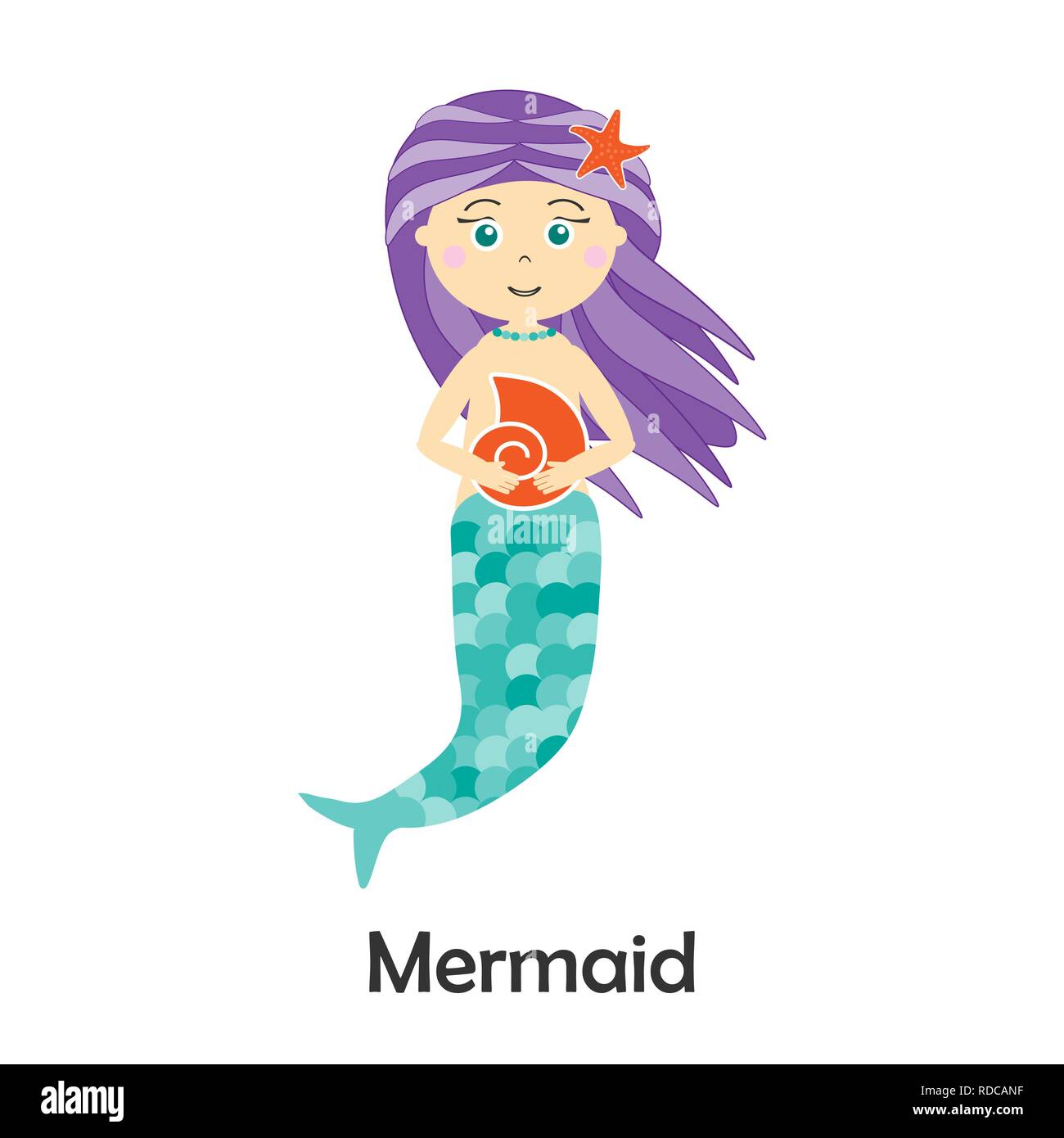 Mermaid in cartoon style, marine card for kid, preschool activity for ...