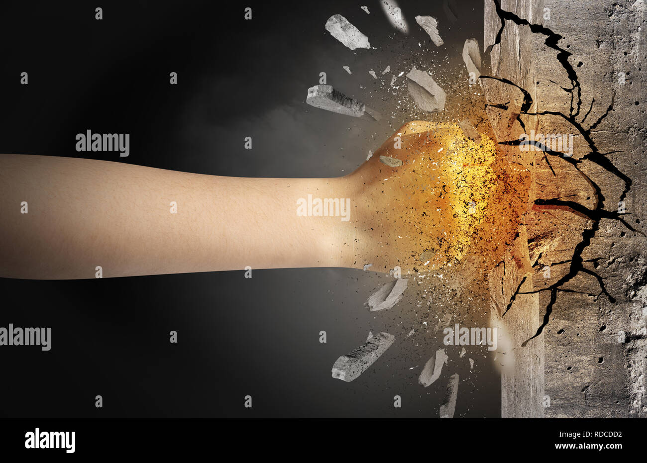 Big hand hits intense and breaks a crass stonewall Stock Photo - Alamy