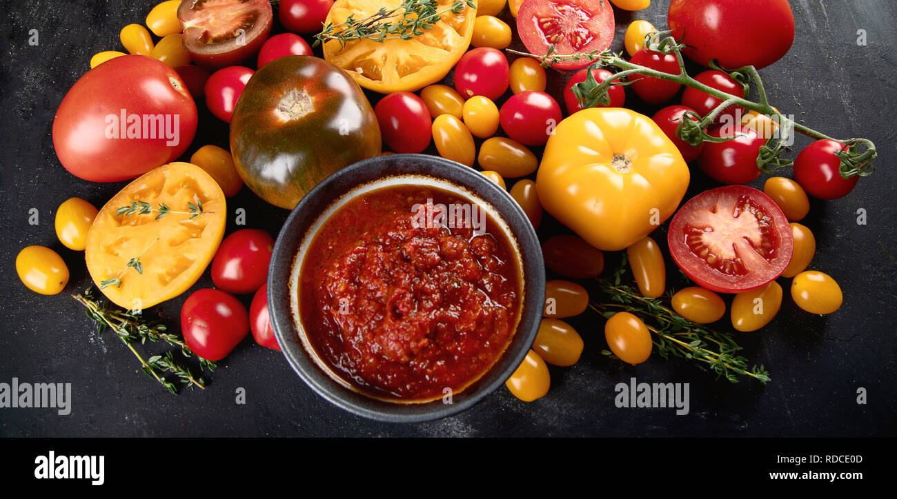Tomato sauce with ingredients. Top view, flat lay. Panorama, banner ...