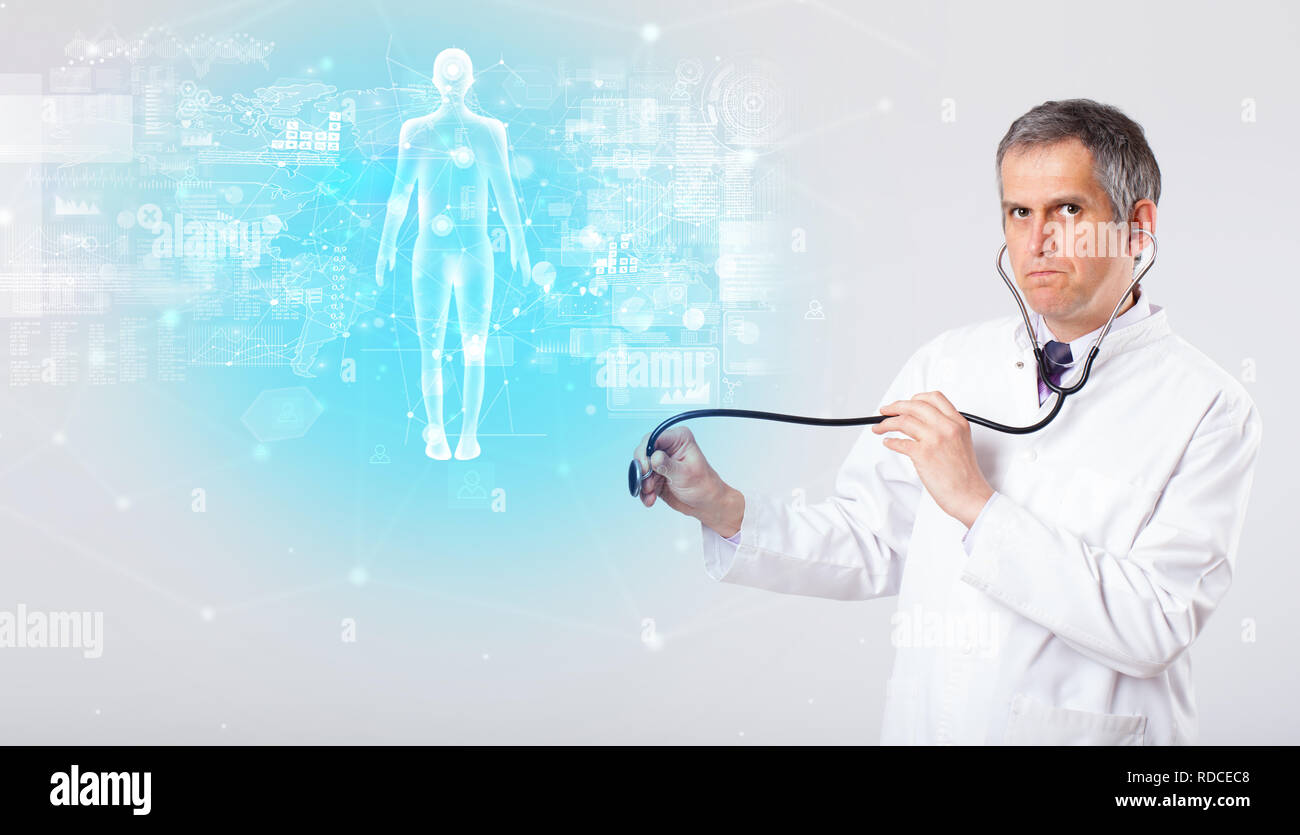 Middle aged scientist with full body map concept Stock Photo - Alamy