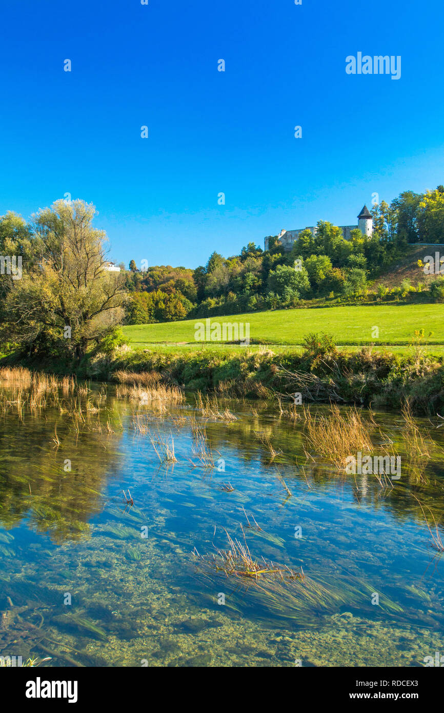 Croatian countryside landscape, river Dobra and old fortress in ...