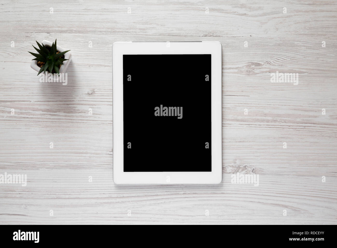 Workspace with tablet, overhead view. Top view, from above Stock Photo ...