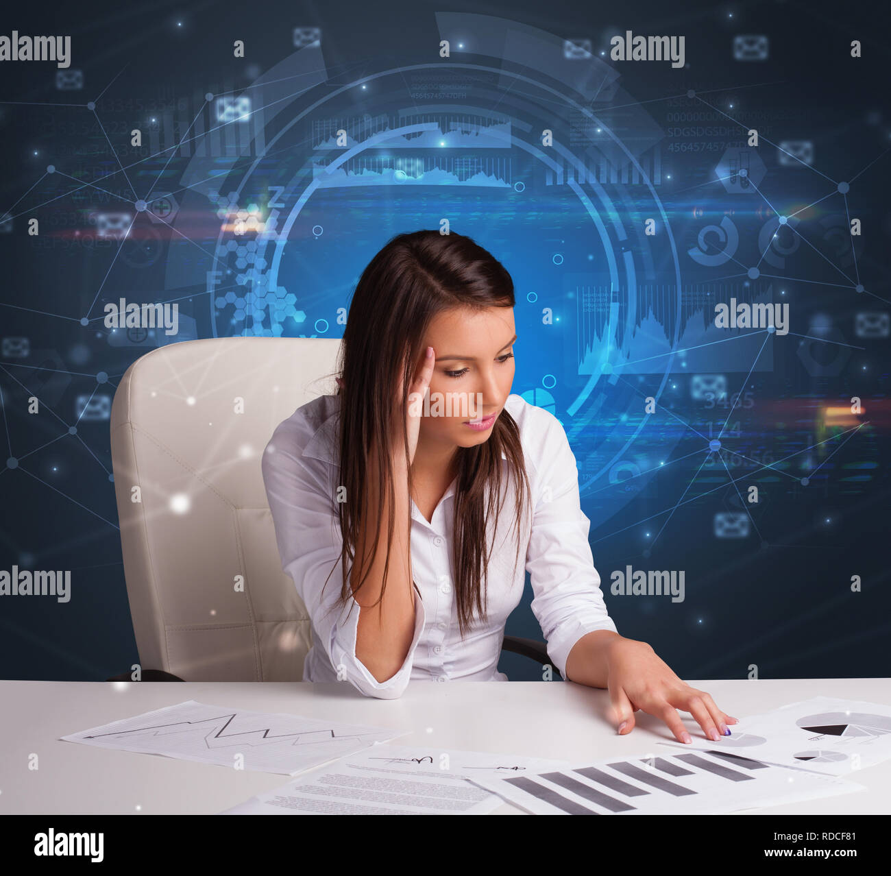 Manager in front of the office desk with connections and teamwork ...