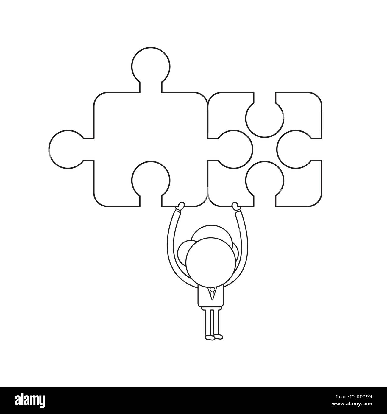 Vector illustration businessman character holding up connected jigsaw ...