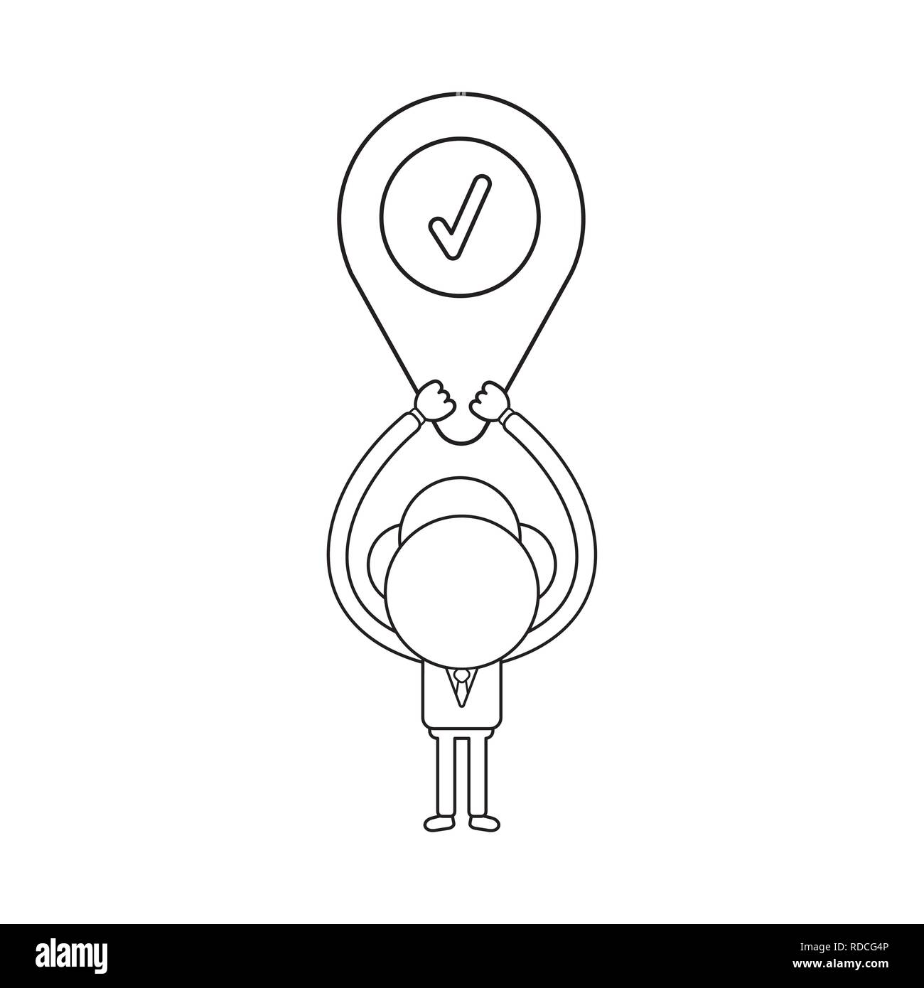 Vector illustration businessman character holding up map pointer with check mark. Black outline ...
