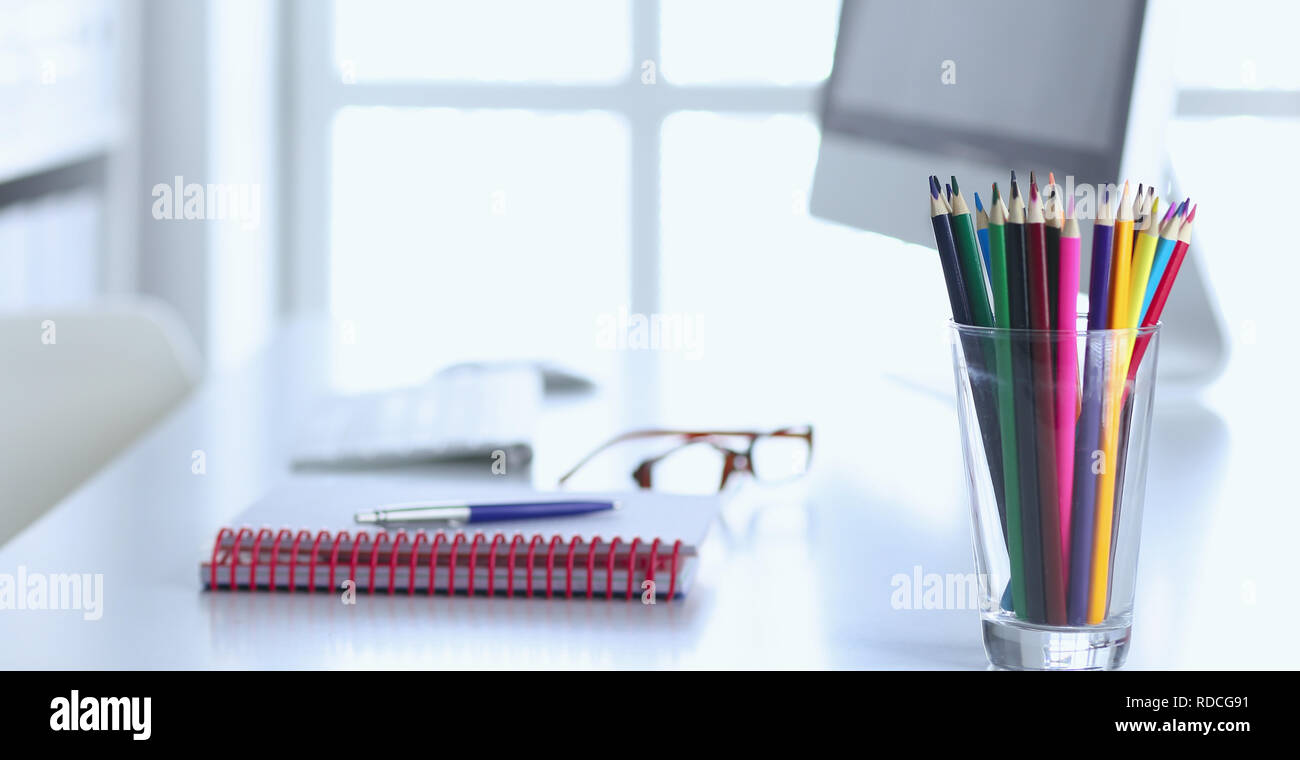 Workspace desktop, documents on the office table Stock Photo - Alamy