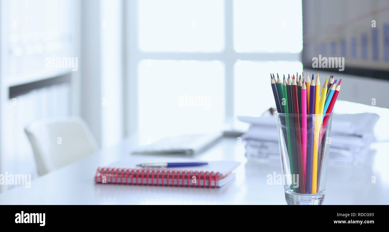Workspace desktop, documents on the office table Stock Photo - Alamy