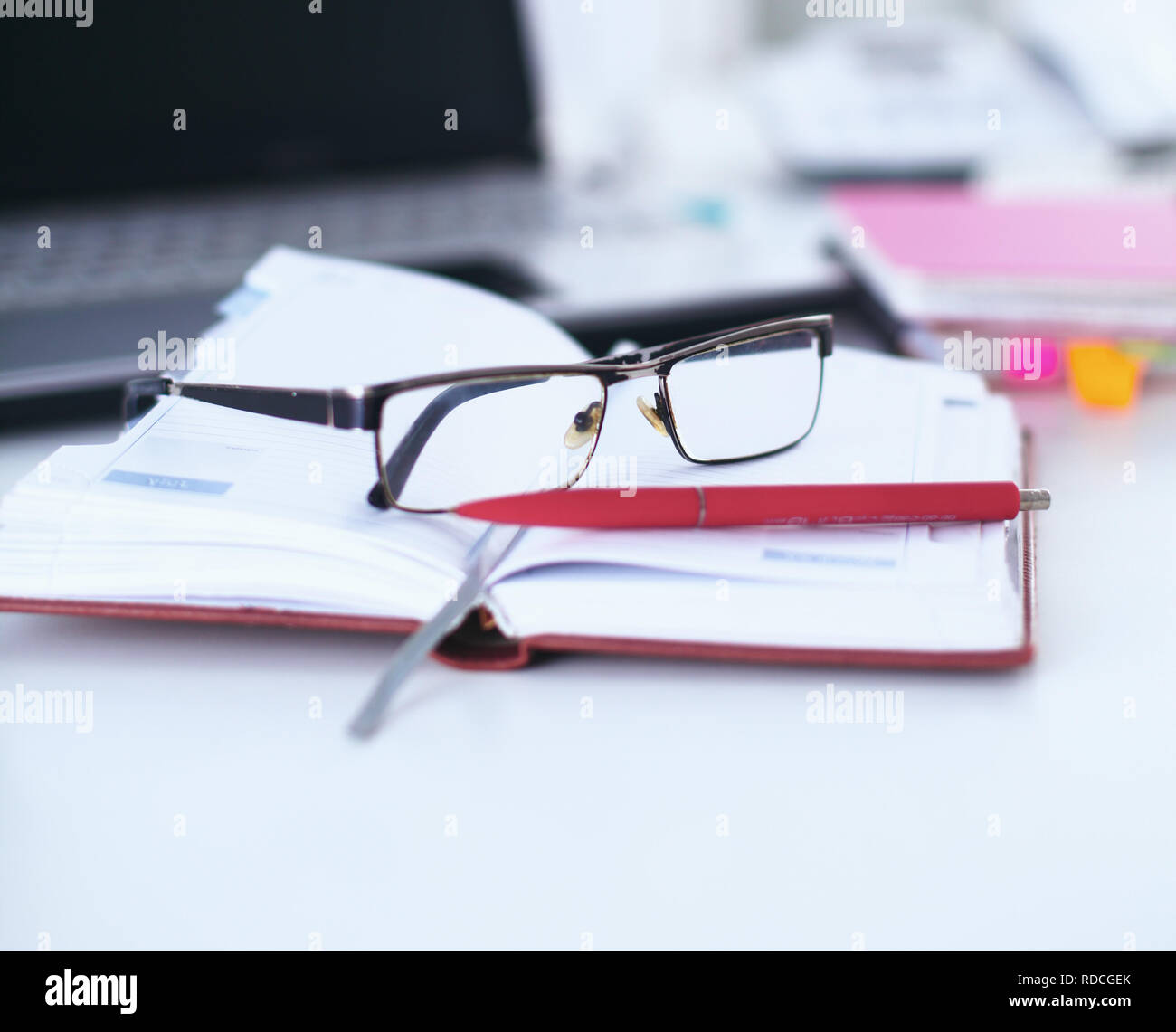 Workspace desktop, documents on the office table Stock Photo - Alamy