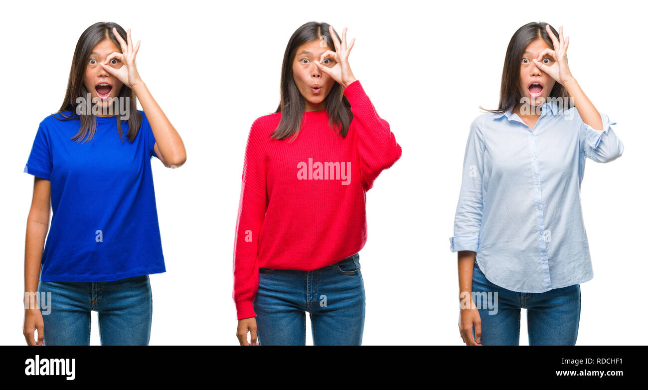 Collage of asian young woman standing over white isolated background ...
