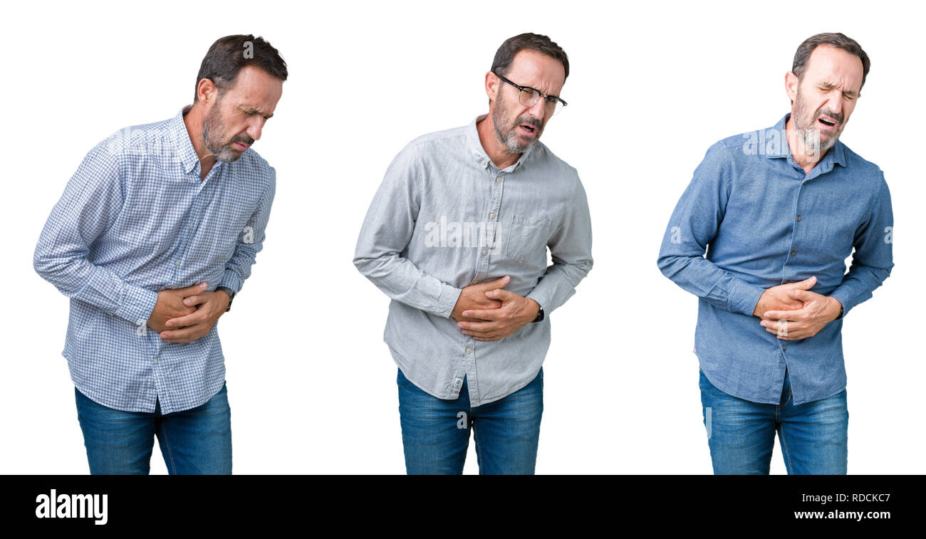 Collage of handsome senior business man over white isolated background ...