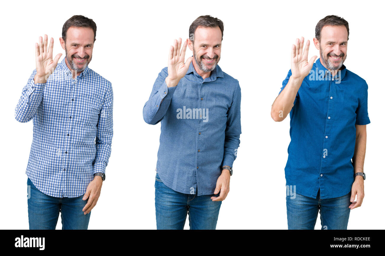 Collage of handsome senior man over white isolated background Waiving ...