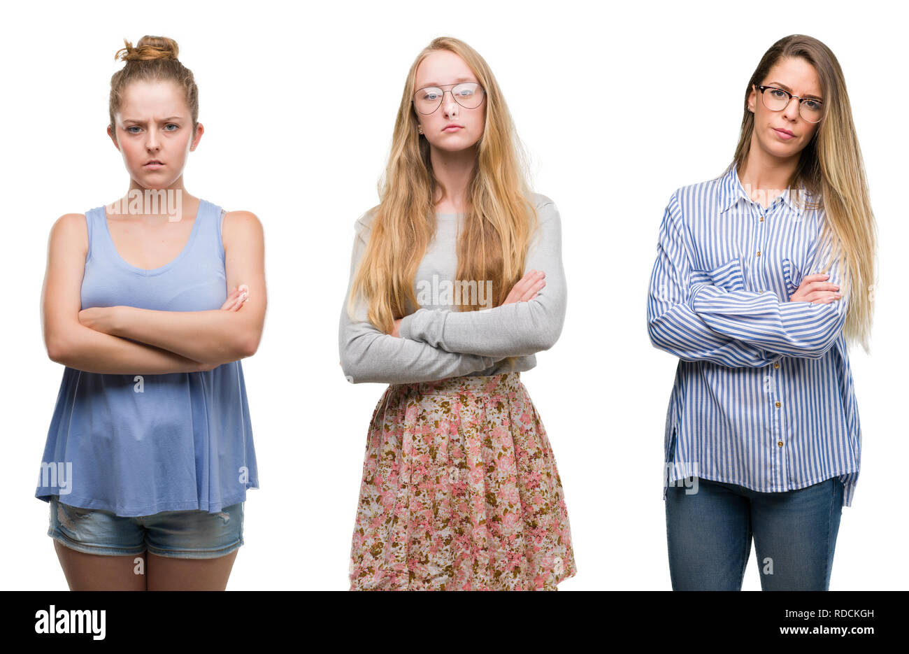 Collage of group of blonde women over isolated background skeptic and ...