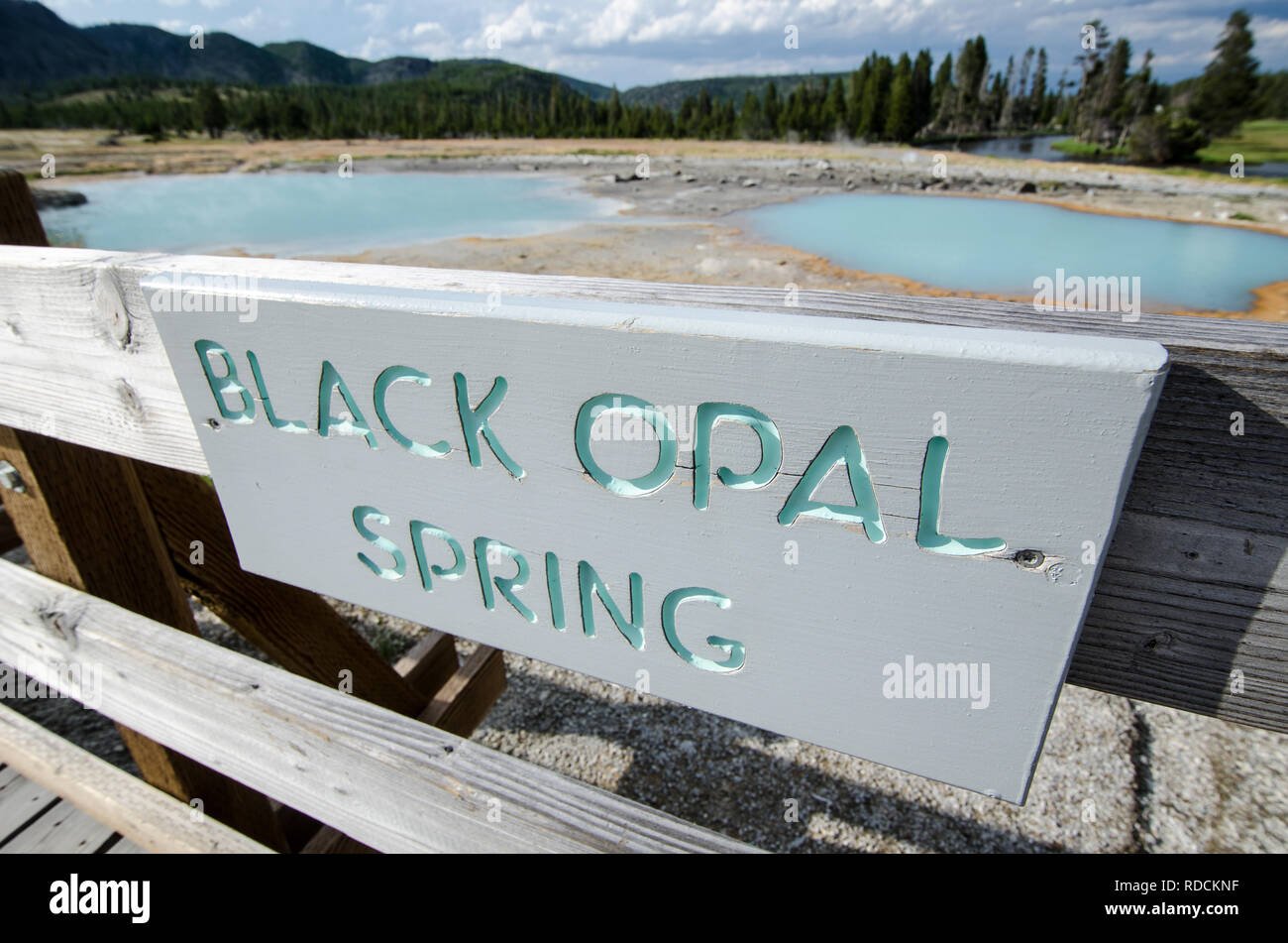 Sign for Black Opal Spring, a geothermal hot spring feature in ...