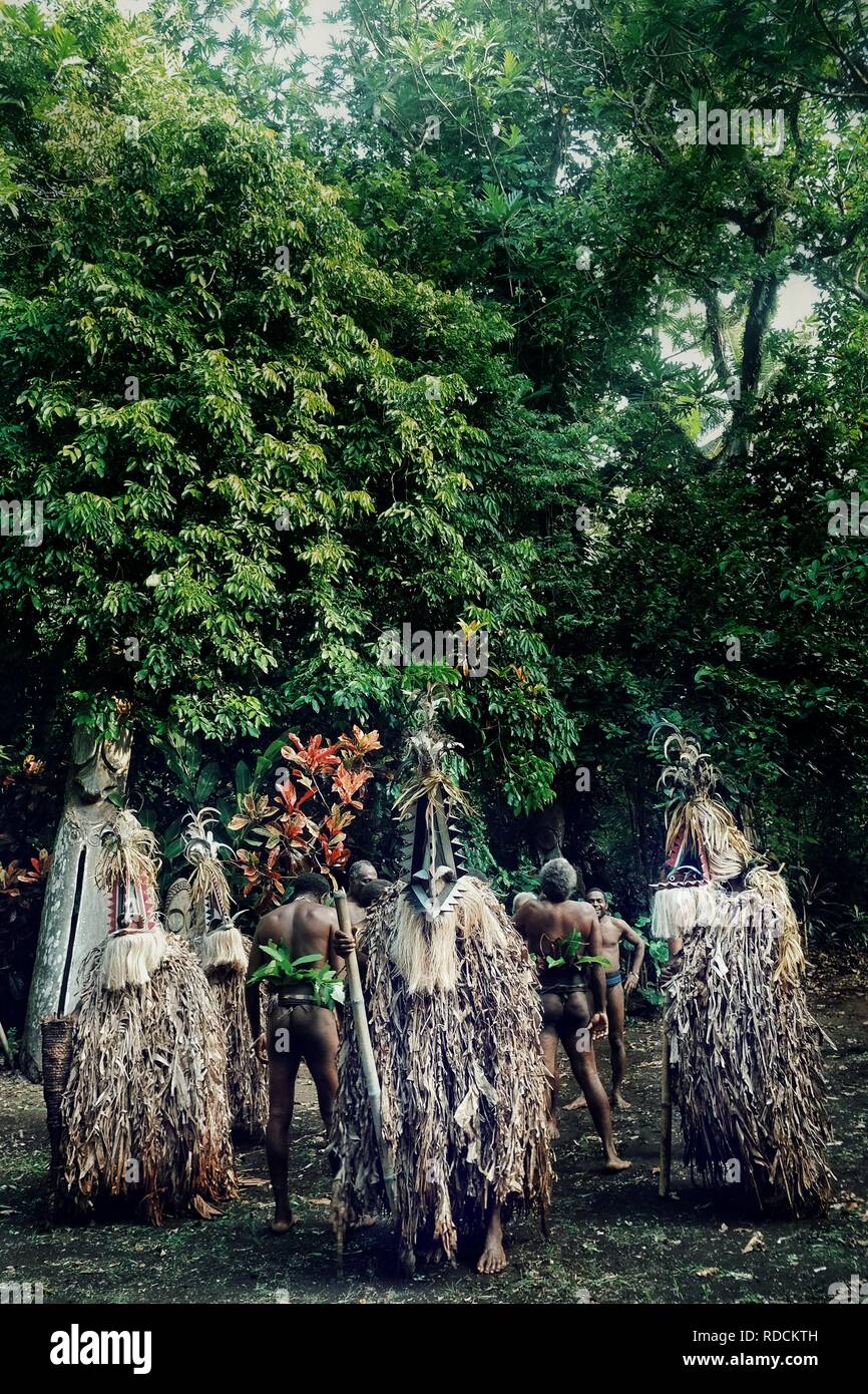 Olal, Ambrym Island / Vanuatu - JUL 10 2016 : rom dancers and a village ...