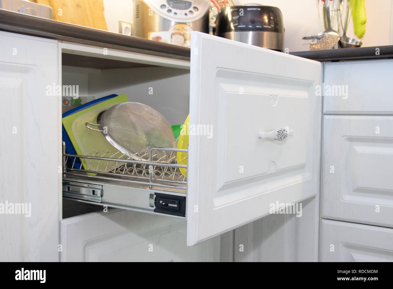 White kitchen. Wooden kitchen. Modern furniture and kitchen interior ...