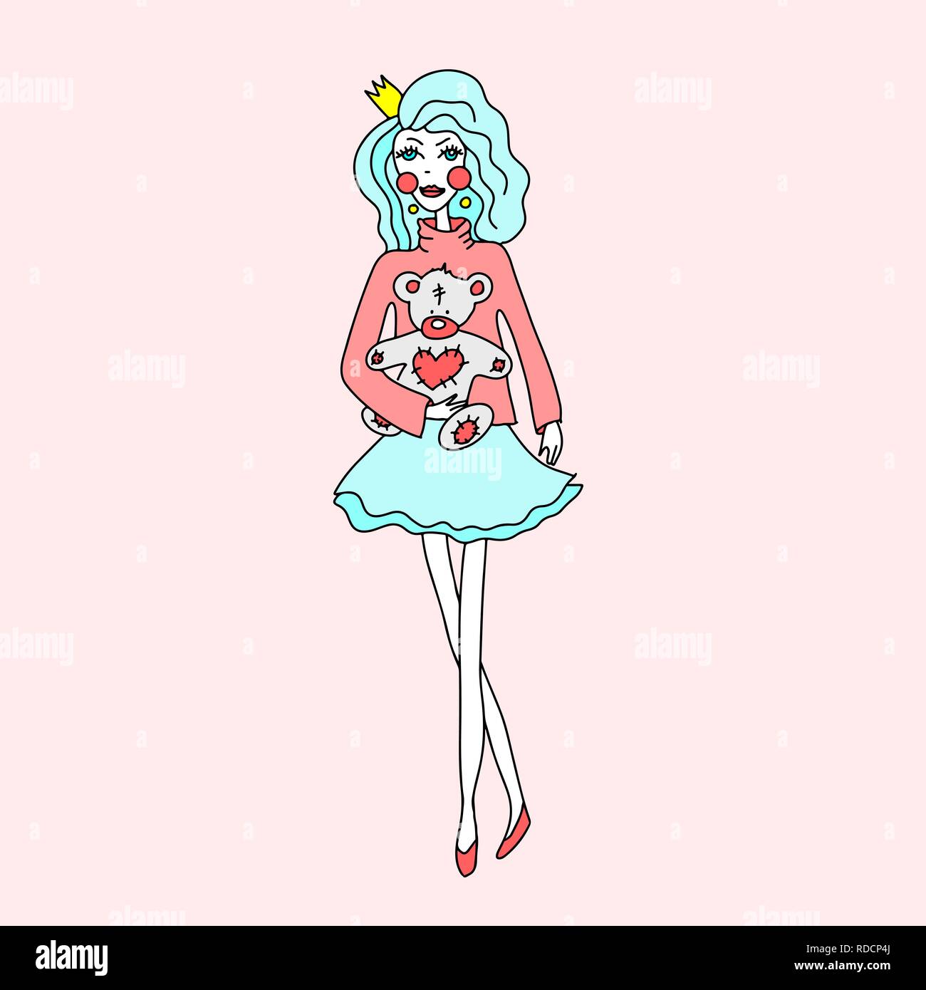 Princess Girl With Teddy Bear Sketch Stock Vector Image & Art - Alamy