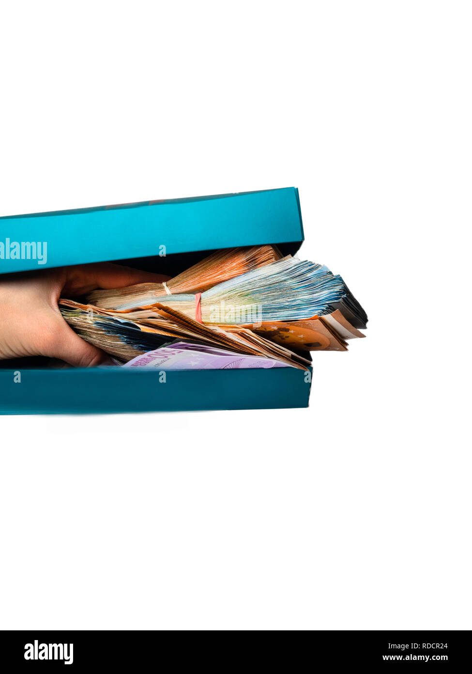 Different euro cash money banknotes in hand in blue box Stock Photo - Alamy