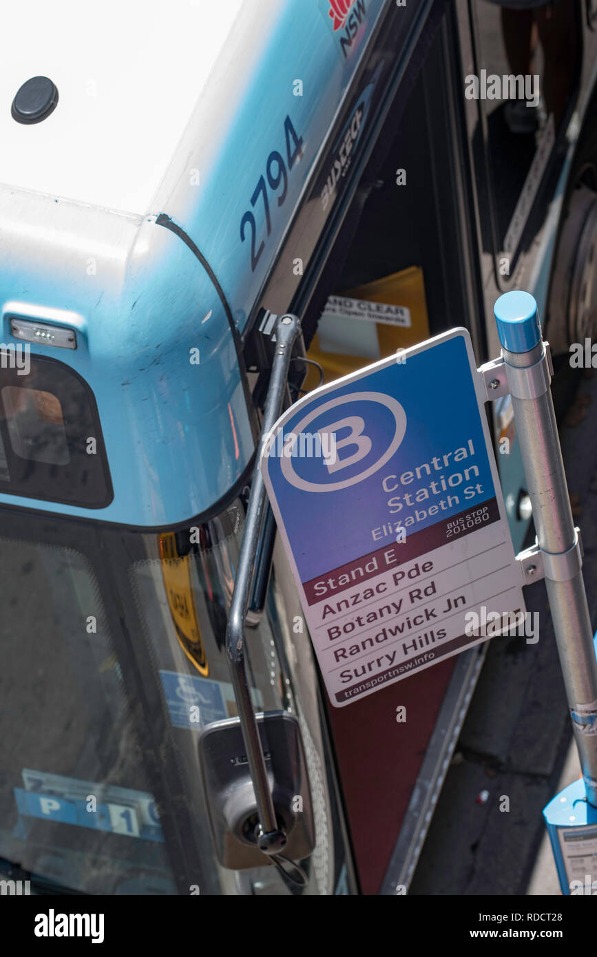 A view from above of a Sydney Bus and bus stop at Elizabeth Street ...