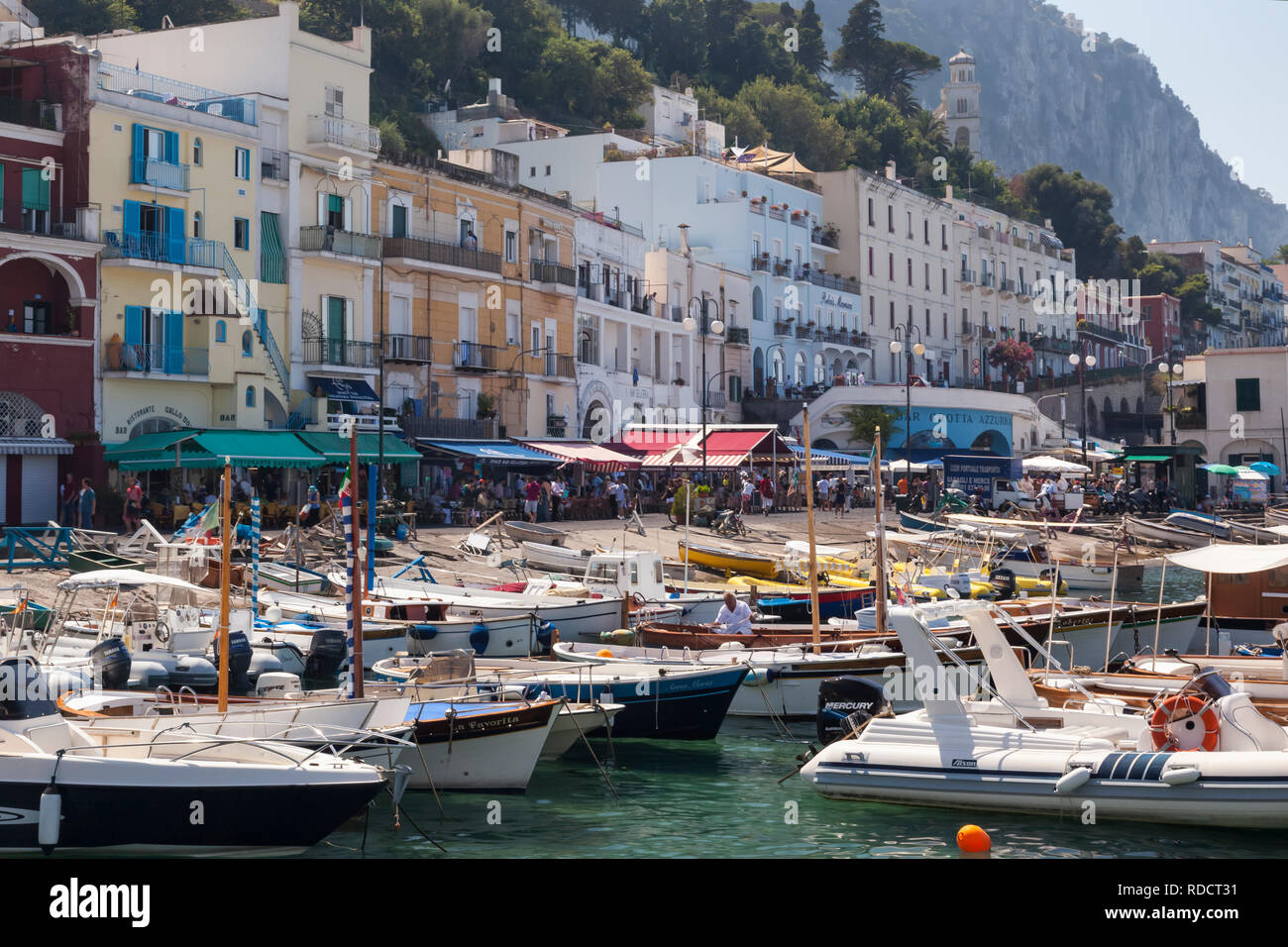 Harbour side colourful buildings around Marina Grande, Island of Capri ...