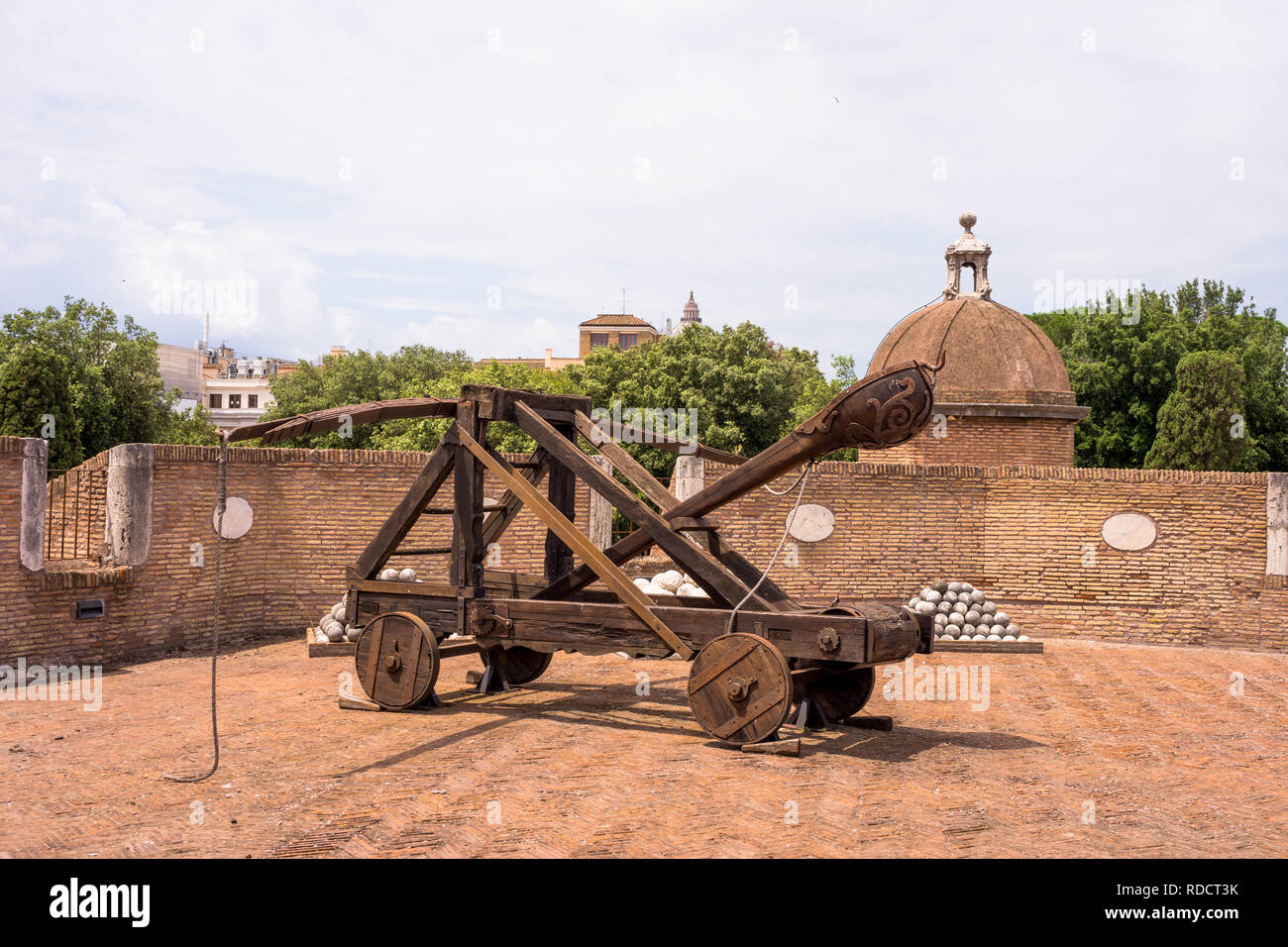 Rome, Italy - 23 June 2018: Ancient Catapult cannon weapon with cannon ...