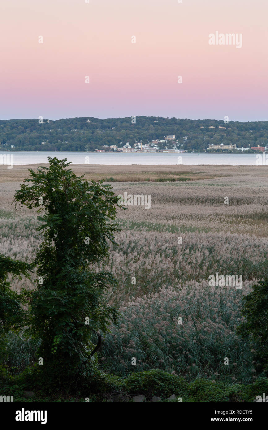 Earth's shadow rising above the Hudson River and the Piermont Marsh ...