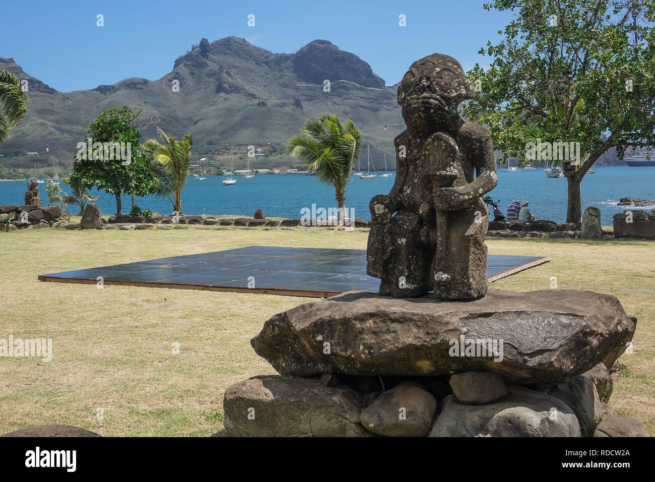 French Polynesia, Marquesas islands, Nuku Hiva, Taiohae, Tiki stone ...