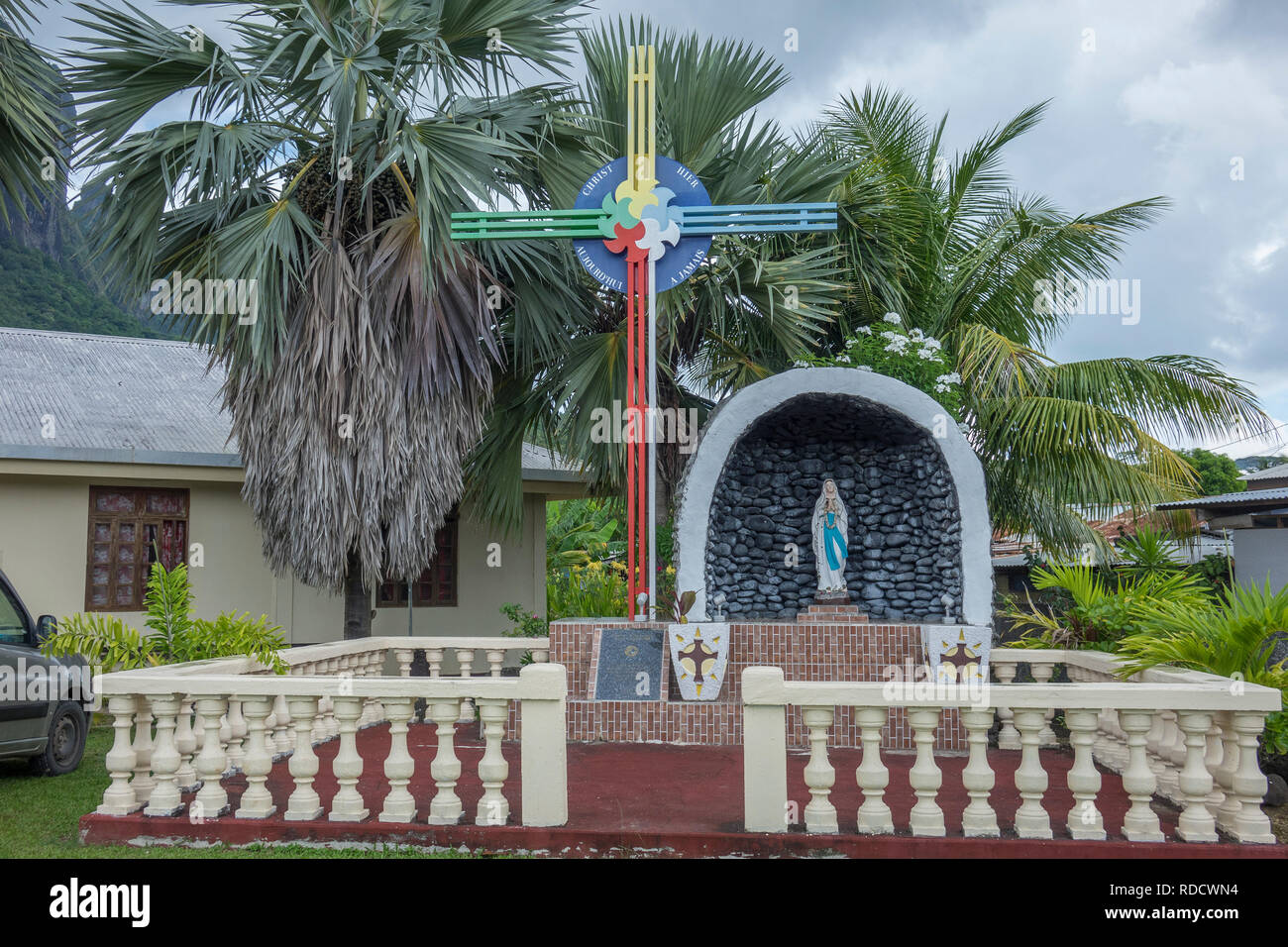 French Polynesia, Bora Bora, Vaitape, StPierre Celestin church, shrine ...