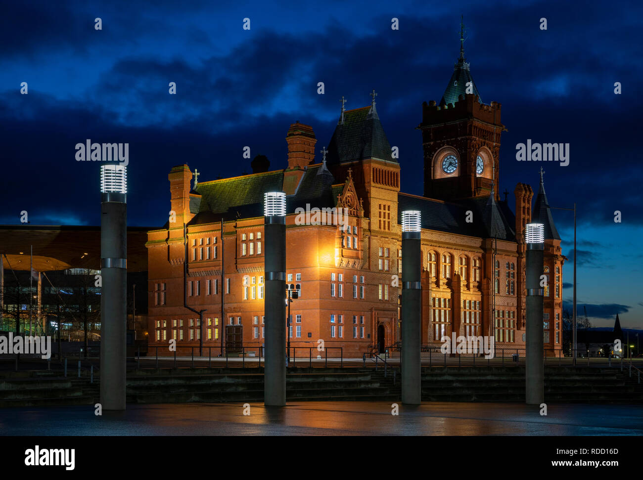 The Pierhead building at dawn from Roald Dahl Plass, Cardiff Bay, Wales ...