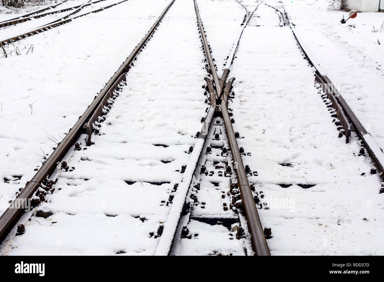Snow rail track railway winter rail line station perspective hi-res ...