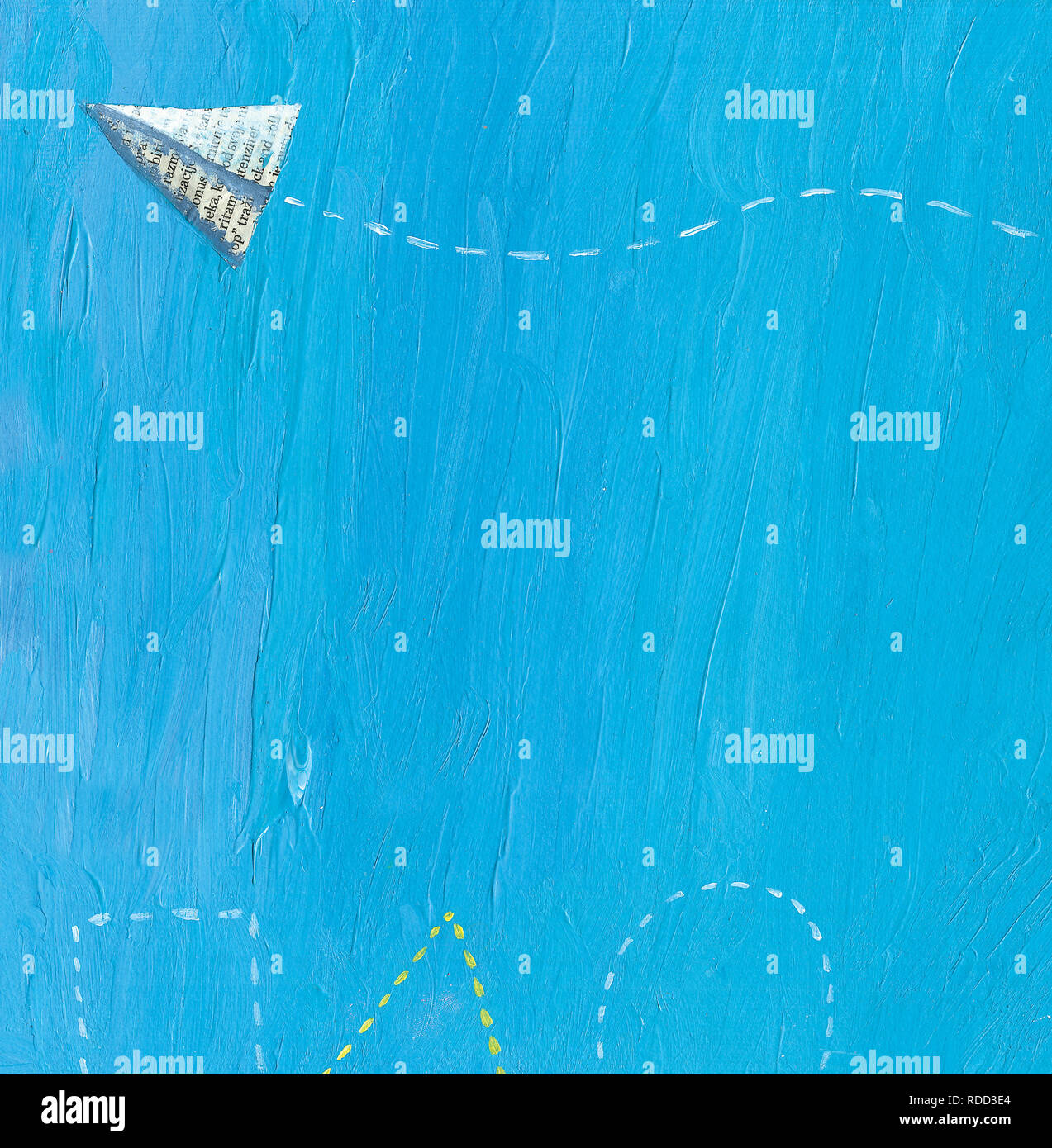 Acrylic illustration of a paper airplane on a blue background with ...