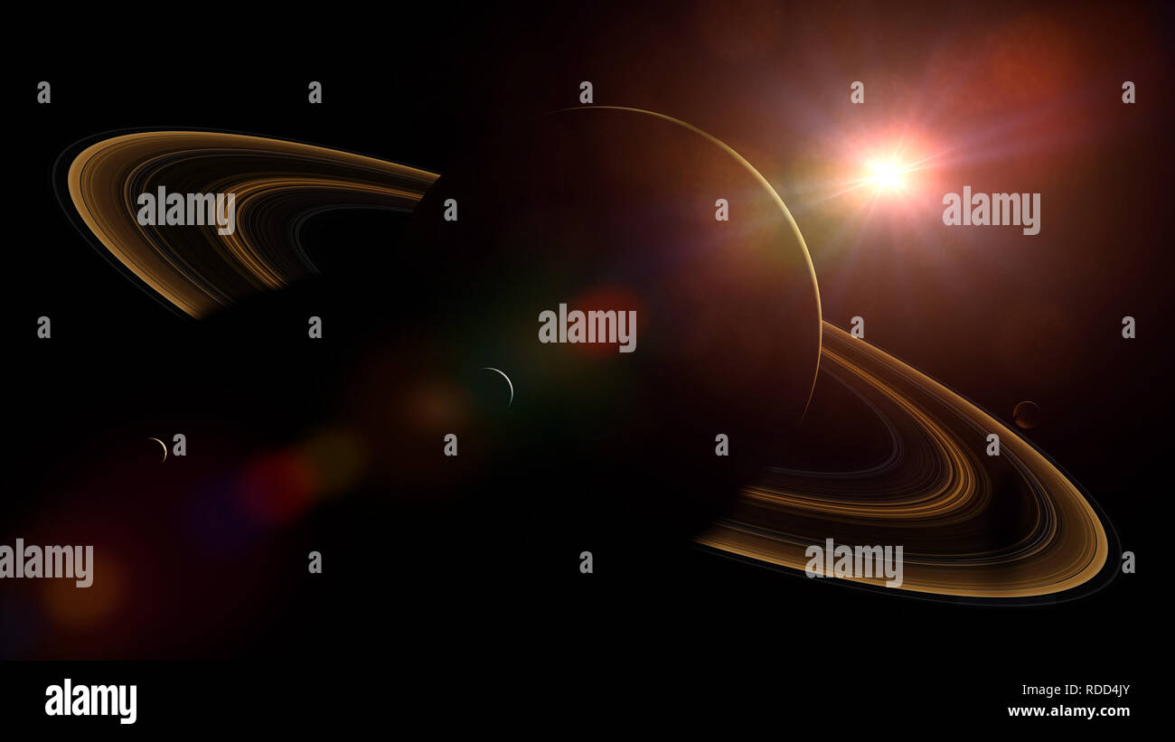 sunrise on planet Saturn, with moons in front of the Sun (3d render ...