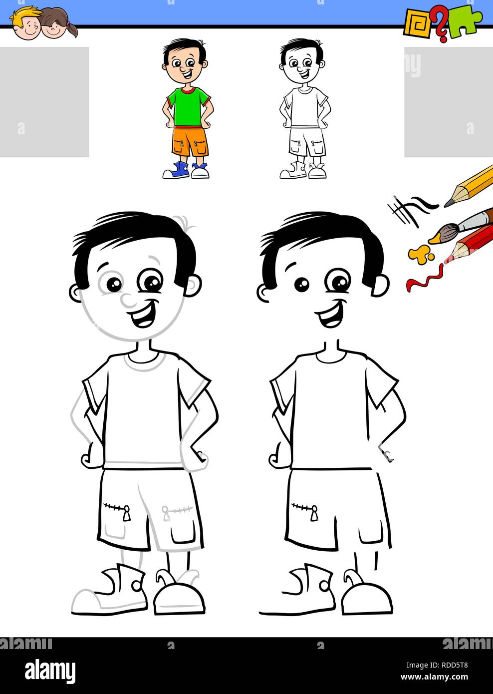 Cartoon Illustration of Drawing and Coloring Educational Activity for ...