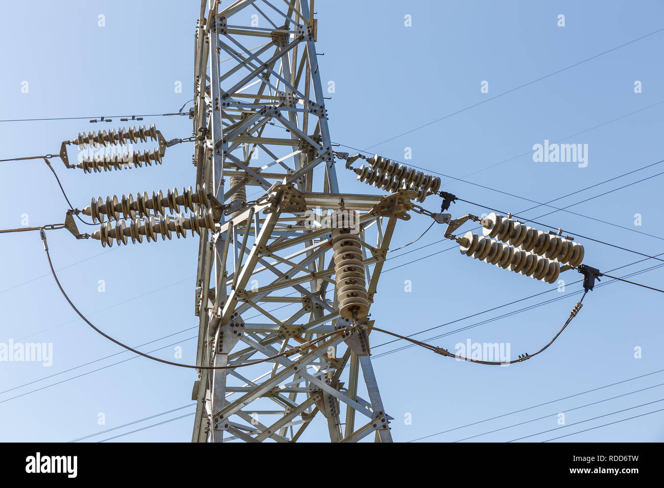 Detail of electric insulators from a high voltage power pylon Stock ...
