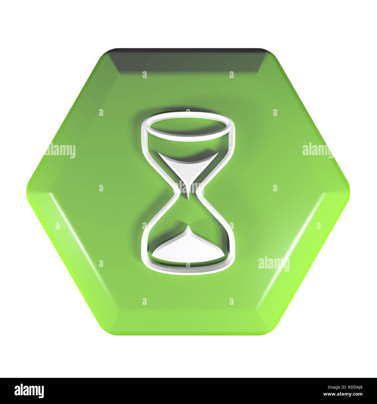 Green hexagonal push button with the icon of a hourglass - 3D rendering ...