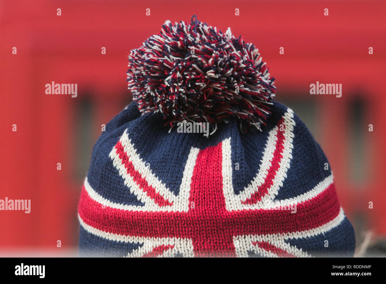 London, UK. 18th Jan, 2019. A pedestrian wearing hat with a union jack ...