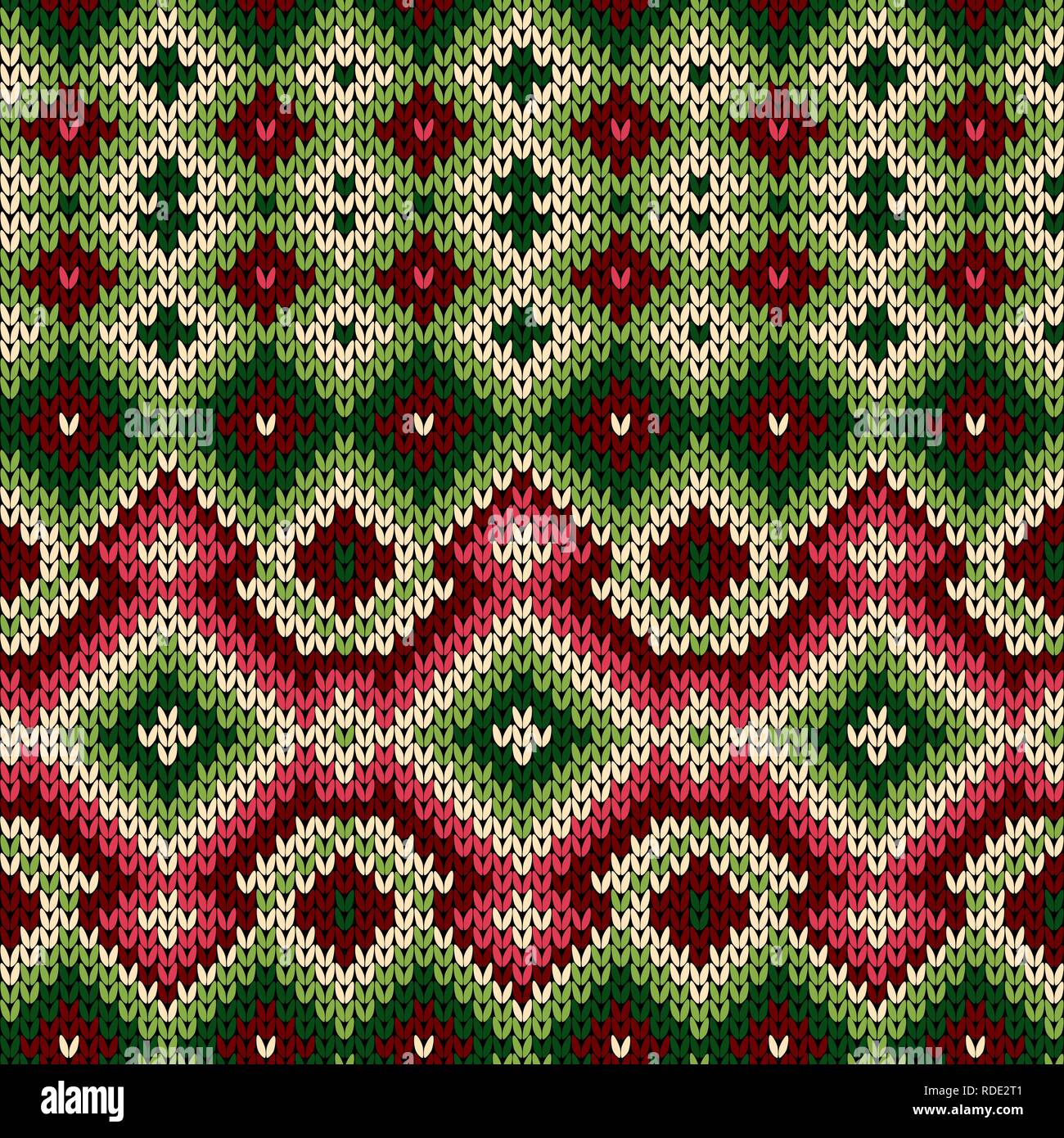 Knitted geometric decorative pattern in red, green and white hues ...