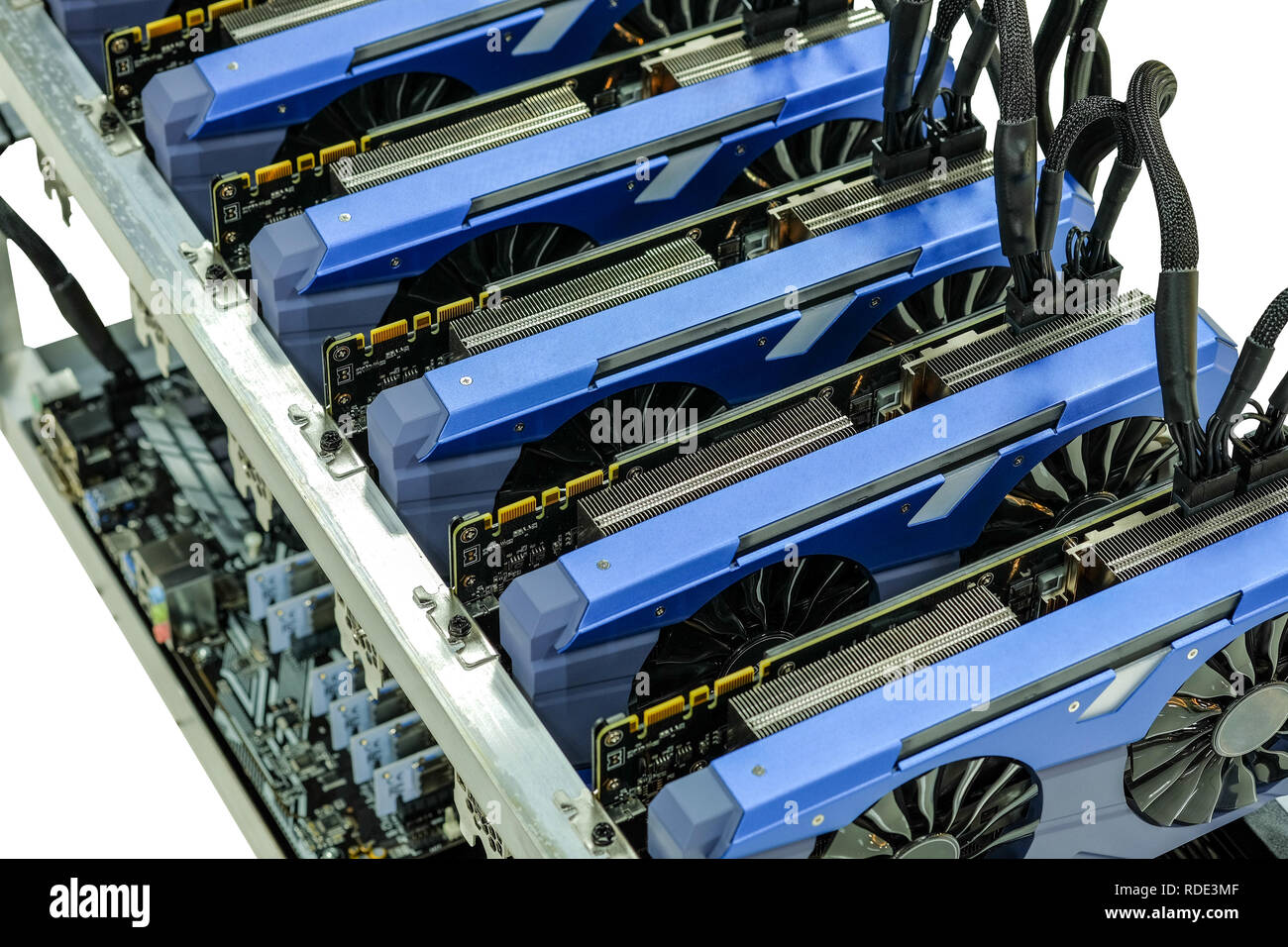 Close-up graphic card of computer working for bitcoin mining on top ...