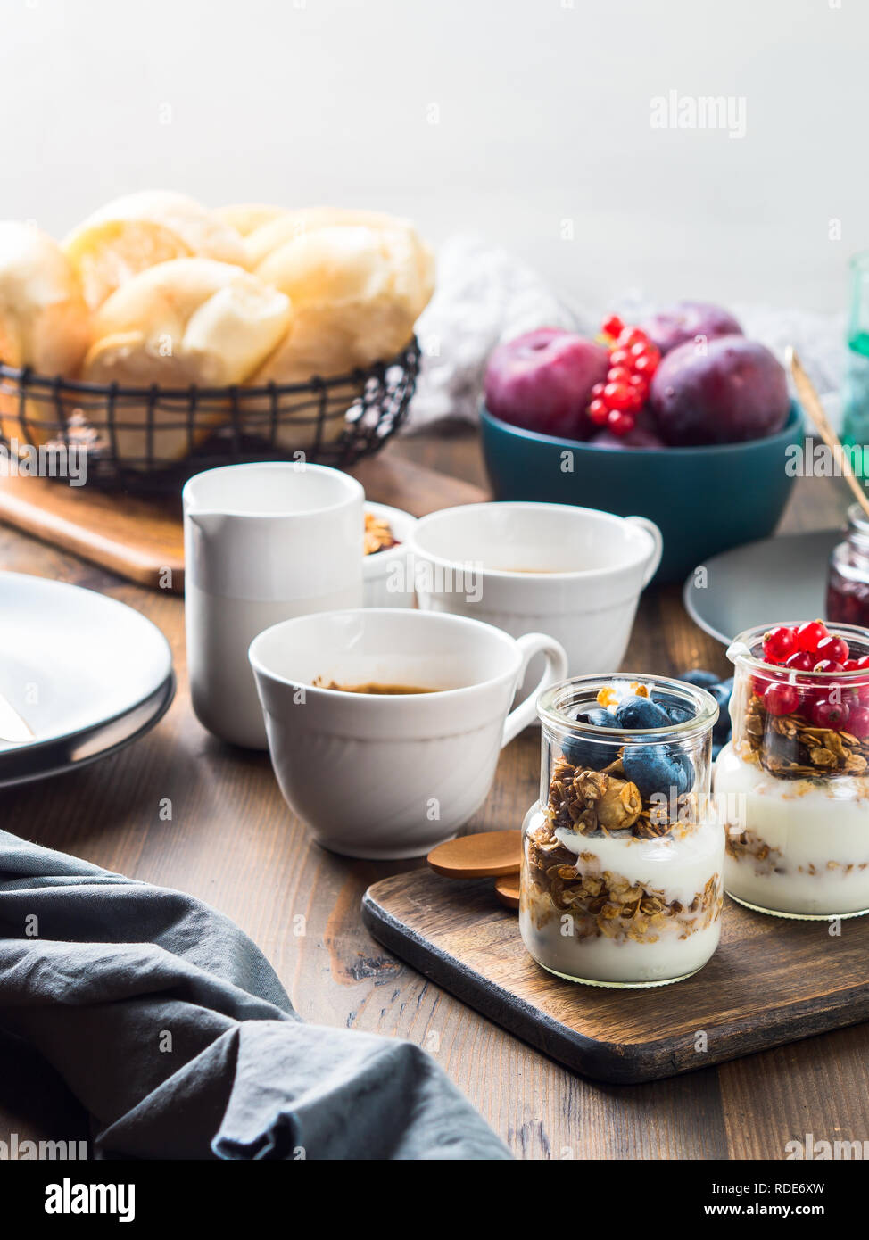 Cozy Breakfast concept on dark wooden textured background. Coffee and ...