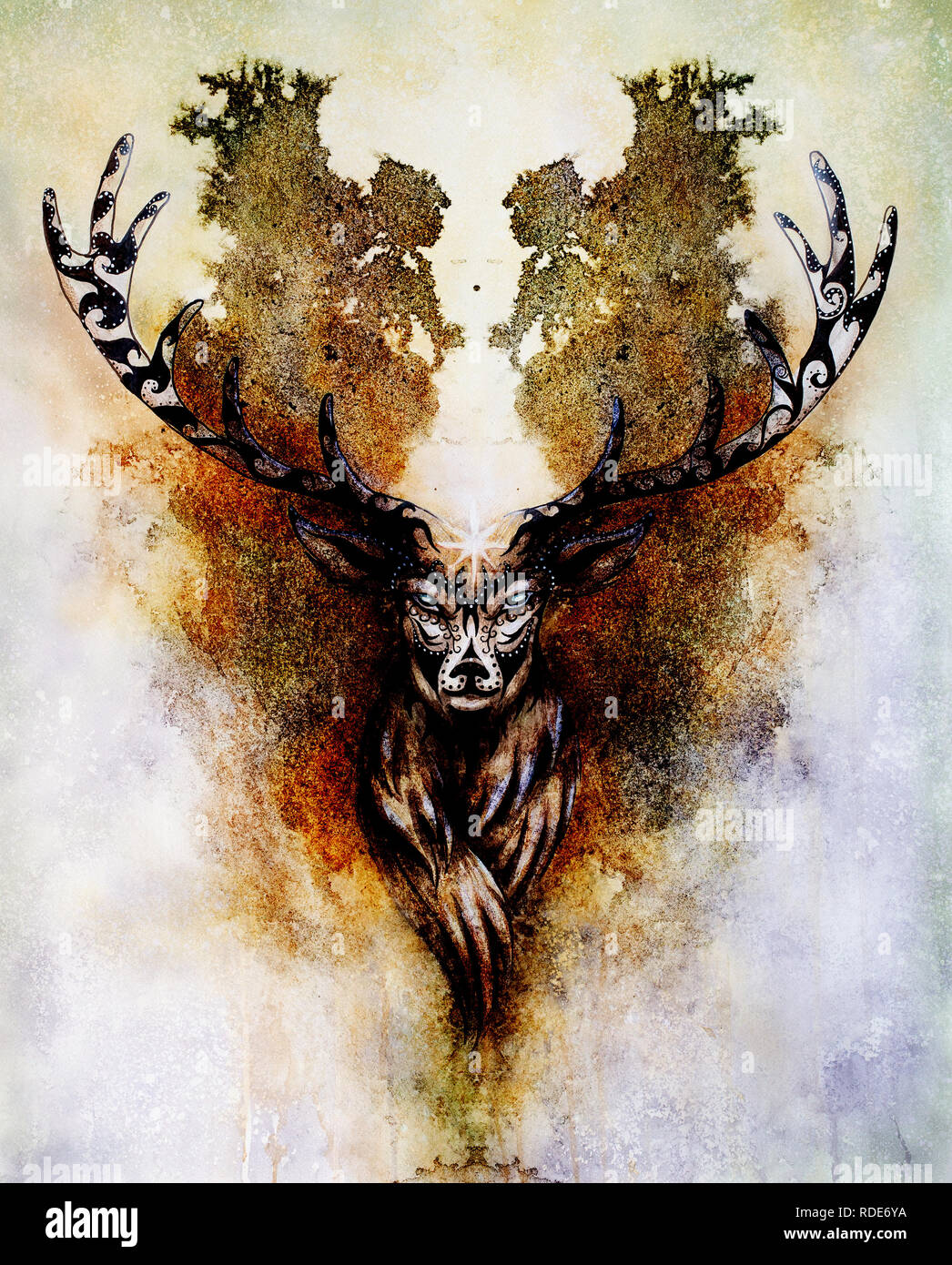 painting of sacred mythological deer spirit with ornaments Stock Photo ...