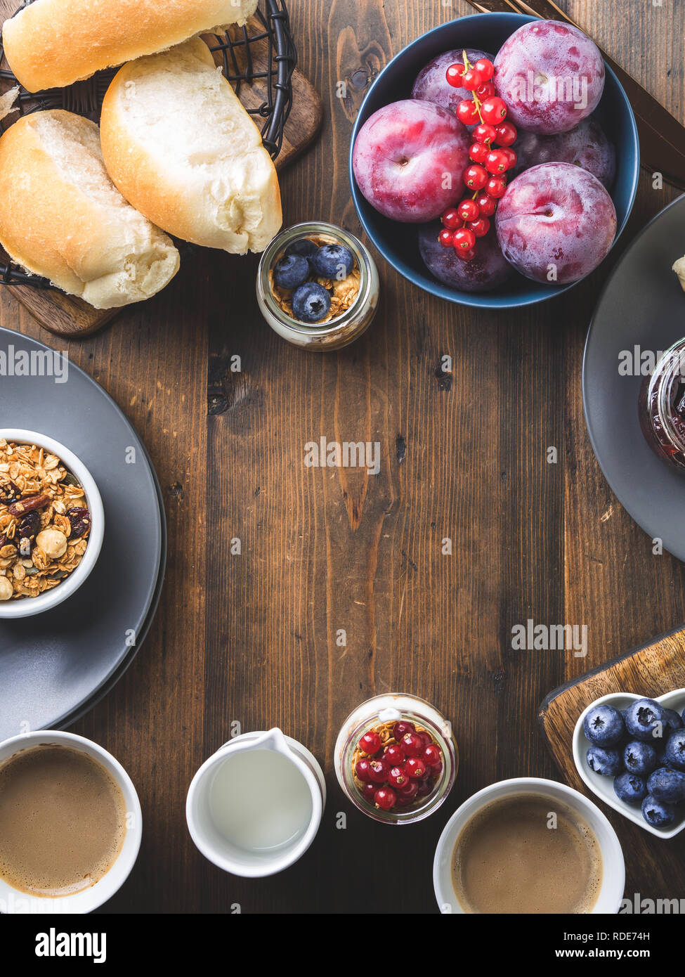 Cozy Breakfast concept on dark wooden textured background. Food frame ...