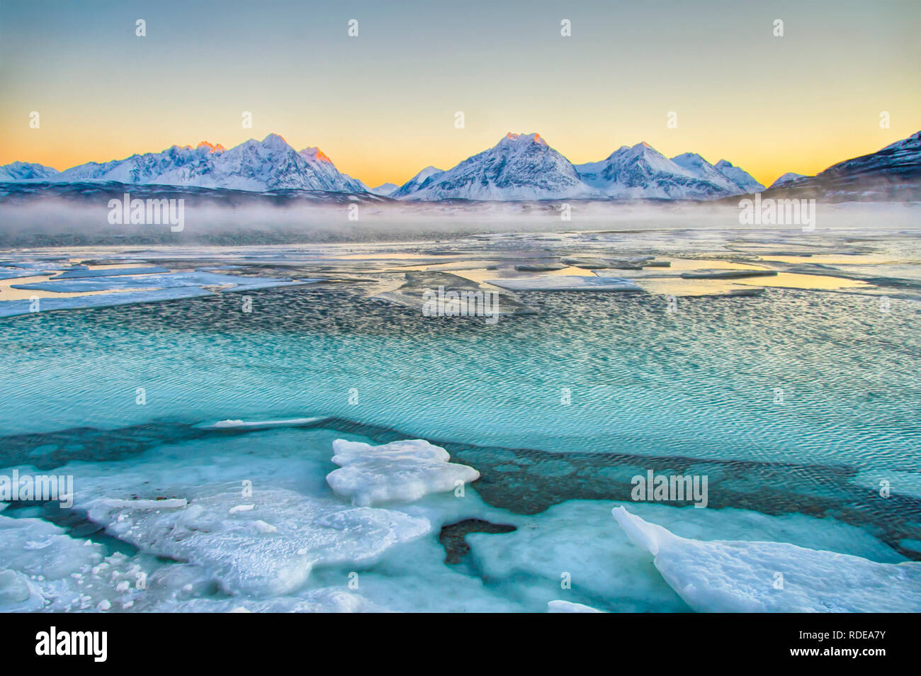 beautiful frozen fjord with fog and turquoise water Stock Photo - Alamy