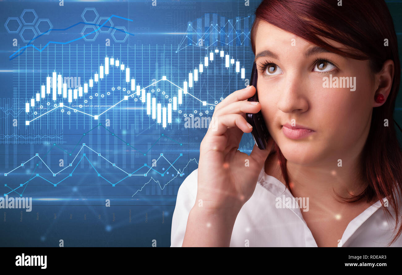 Young person talking on the phone with diagrams on the background Stock ...