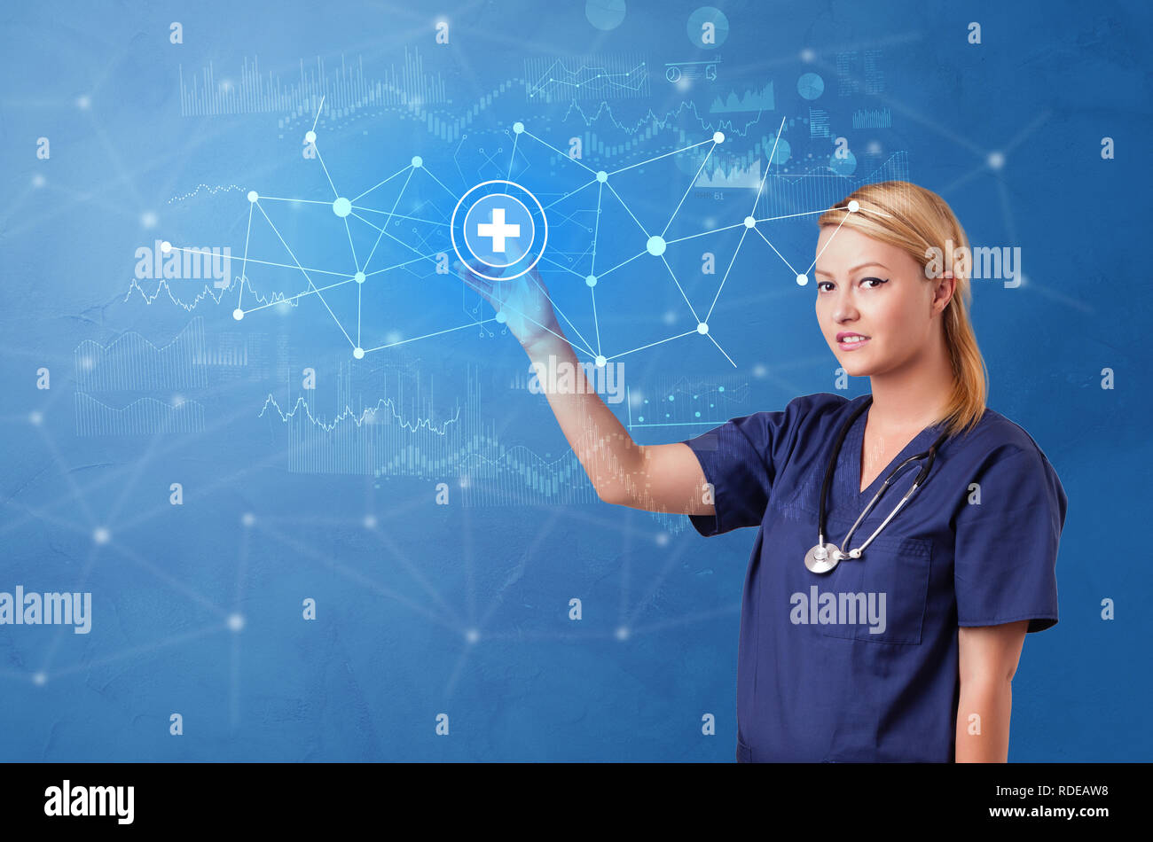 Doctor touching blue screen with virtual hospital concept Stock Photo ...