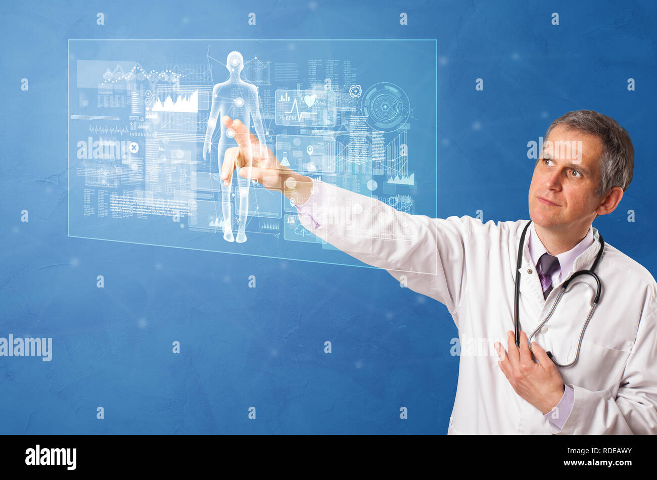 Doctor touching blue screen with full body analyze concept Stock Photo ...