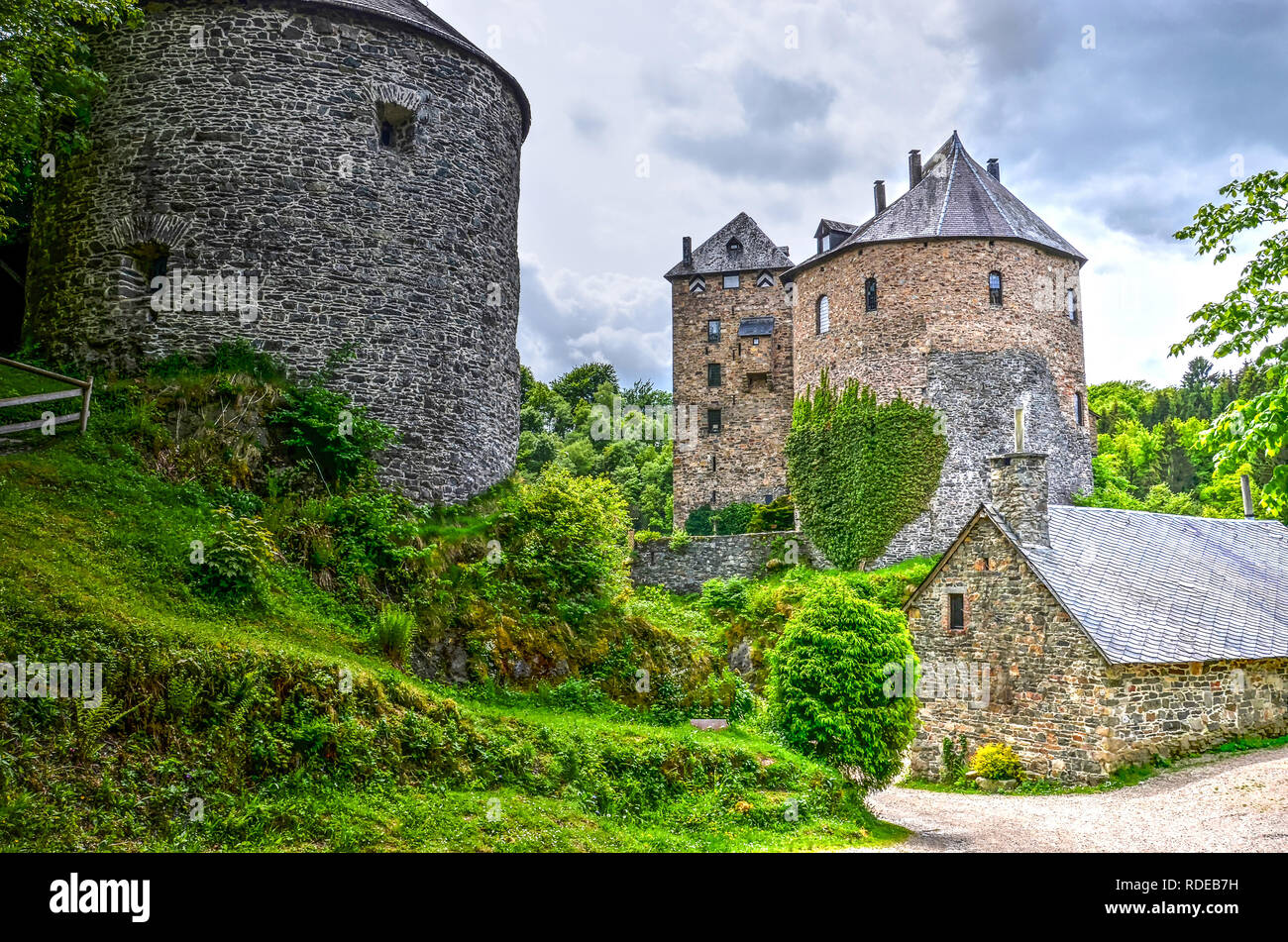 Malmedy, Belgium, May 30, 2015: several buildings with stone walls and ...